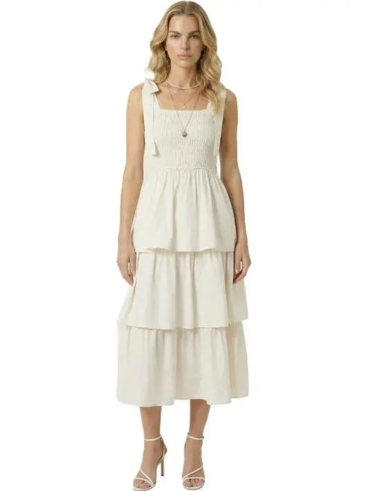 MODENAIRE Tiered Smocked Bow-tie Strap Midi Dress - Cream