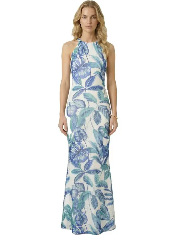 MODENAIRE Botanical Print Halter Neck Maxi Dress - Tropical Print