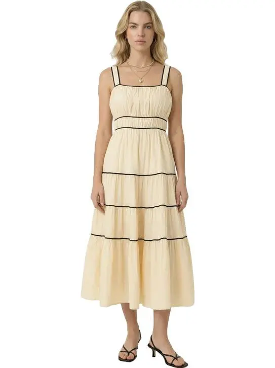 MODENAIRE Strappy Tiered Maxi Dress With Contrast Trim - Pale Yellow