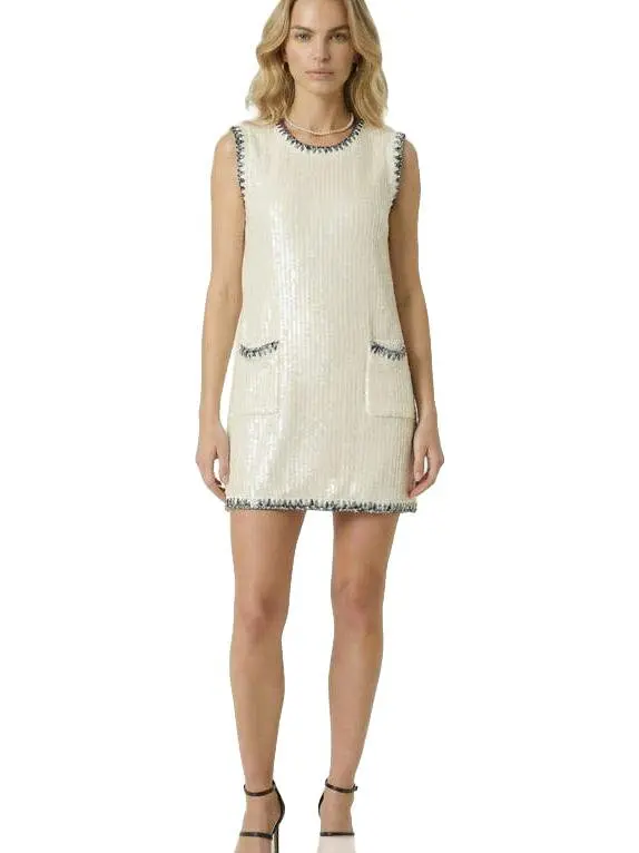 MODENAIRE Sleeveless Sequin Knit Mini Dress - Ivory/dark Trim