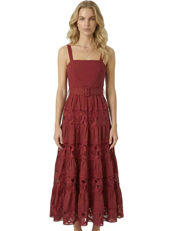 MODENAIRE Belted Tiered Lace Midi Dress - Burgundy