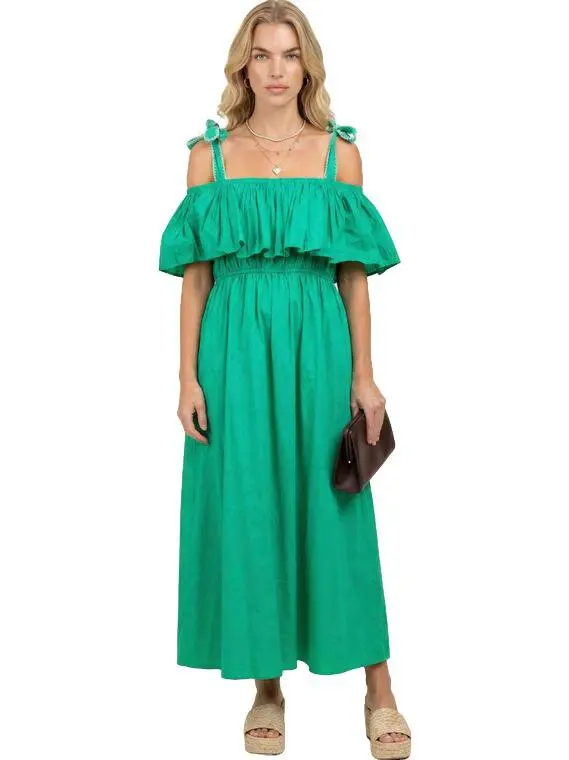 MODENAIRE Off-shoulder Ruffle Smocked Midi Dress - Emerald Green