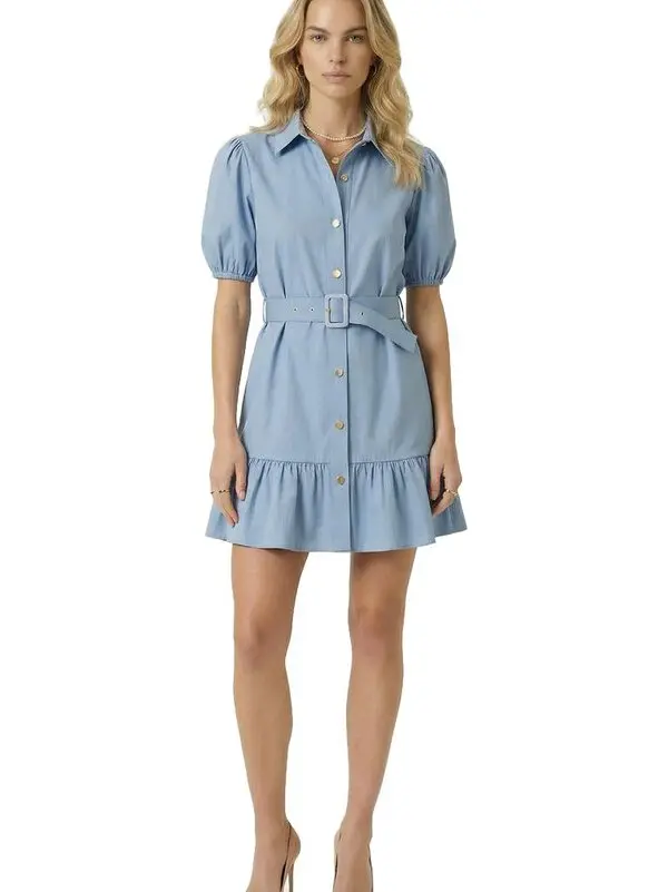 MODENAIRE Belted Button-up Mini Dress - Light Blue