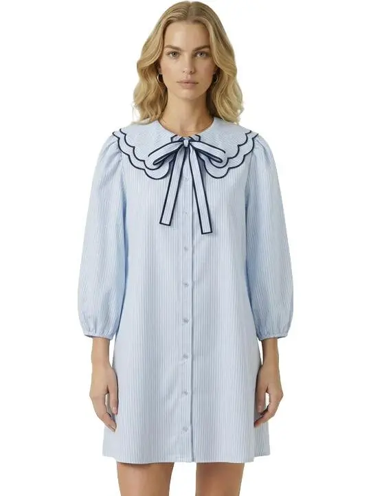 MODENAIRE Striped Shirt Dress With Scalloped Collar - Light Blue/white