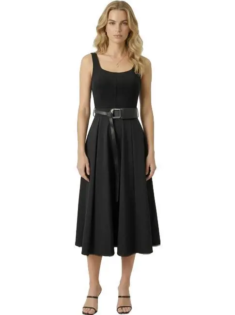 MODENAIRE Belted Scoop Neck Midi Dress - Black