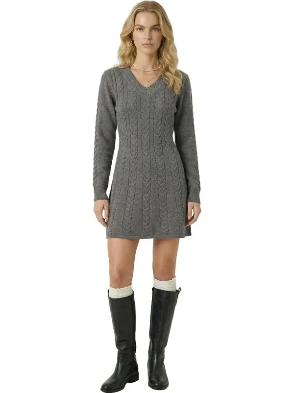 MODENAIRE Cable Knit V-neck Sweater Dress - Heather Grey