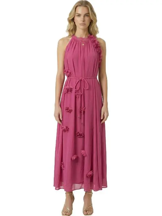 MODENAIRE Floral Appliqué Halter Midi Dress - Magenta