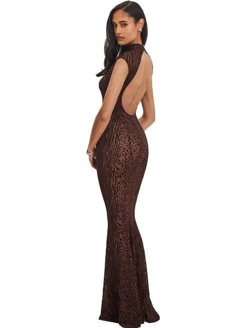 MISS CIRCLE Burnout Velvet Mesh Backless Mermaid Maxi Dress - Mocha