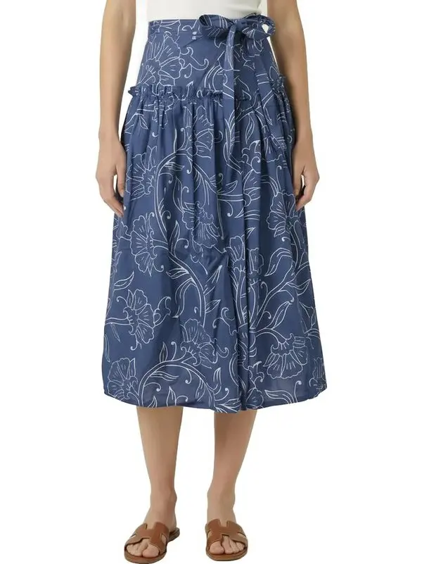 MODENAIRE Floral Print Wrap Midi Skirt - Navy Blue