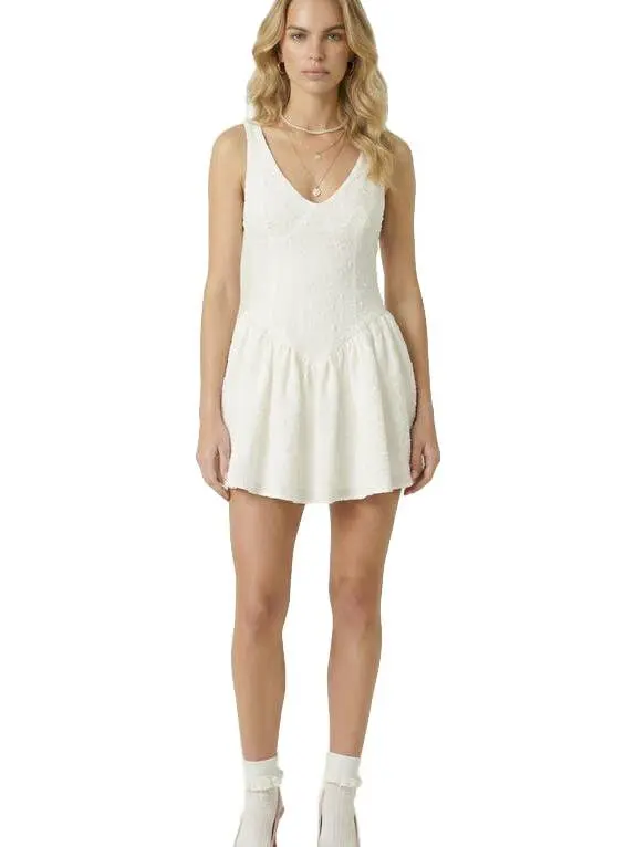 MODENAIRE Textured Sleeveless Drop Waist Mini Dress - White