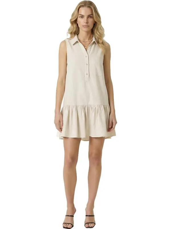 MODENAIRE Sleeveless Collared Drop Waist Dress - Light Beige