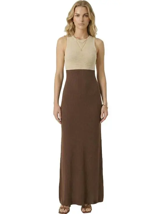 MODENAIRE Sleeveless Knit Two Tone Maxi Dress - Oatmeal/chocolate