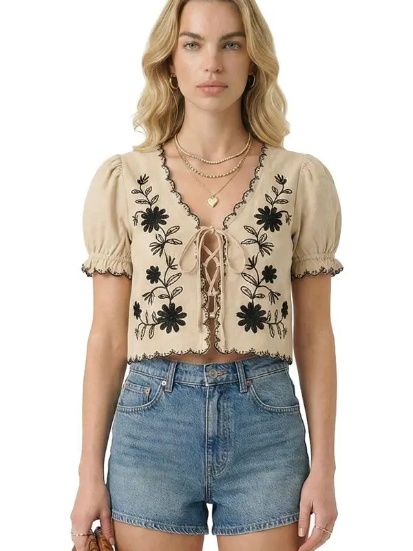 MODENAIRE Puff Sleeve Embroidered Tie-front Blouse - Beige With Black Embroidery