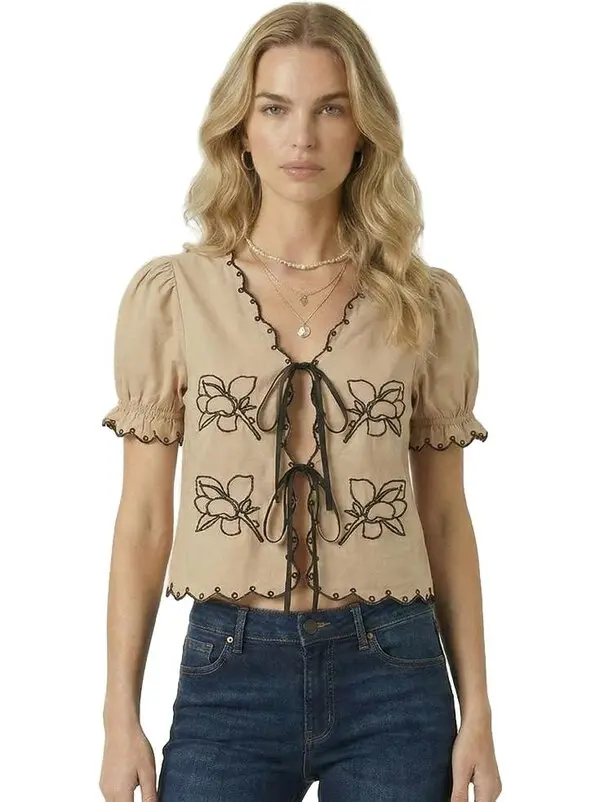 MODENAIRE Puff Sleeve Embroidered Tie-front Blouse - Beige
