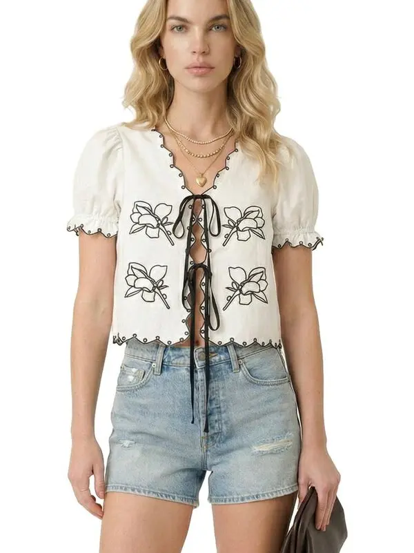 MODENAIRE Puff Sleeve Embroidered Tie-front Blouse - Off-white/black