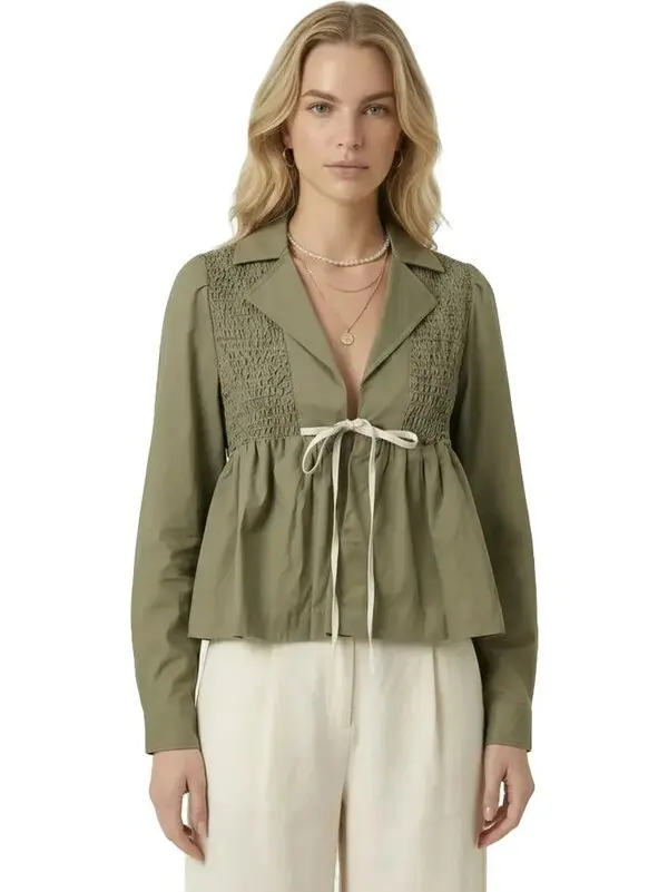 MODENAIRE Smocked Panel Tie Front Blouse - Olive