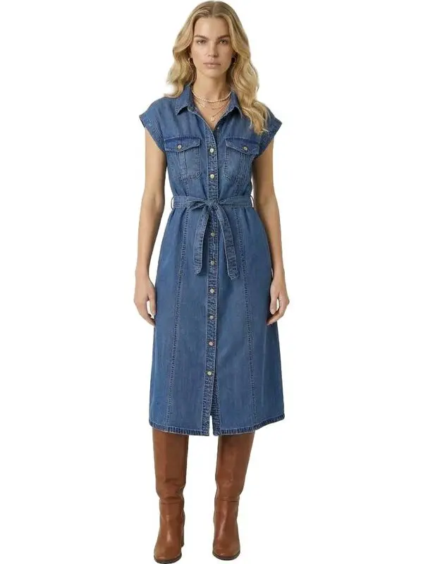 MODENAIRE Sleeveless Denim Midi Shirtdress With Tie Waist - Medium Wash Blue