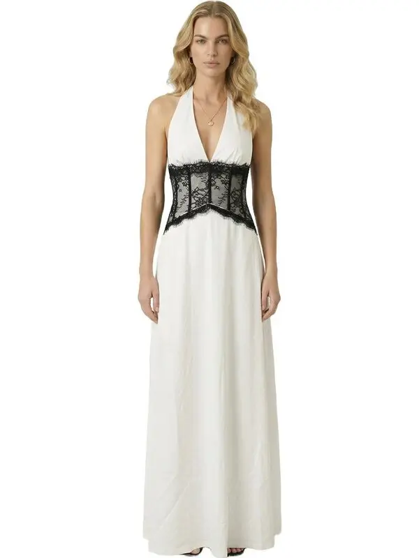 MODENAIRE Halter Lace Corset Maxi Dress - Off-white/black