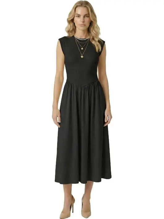 MODENAIRE Cap Sleeve Fitted Gathered Midi Dress - Black