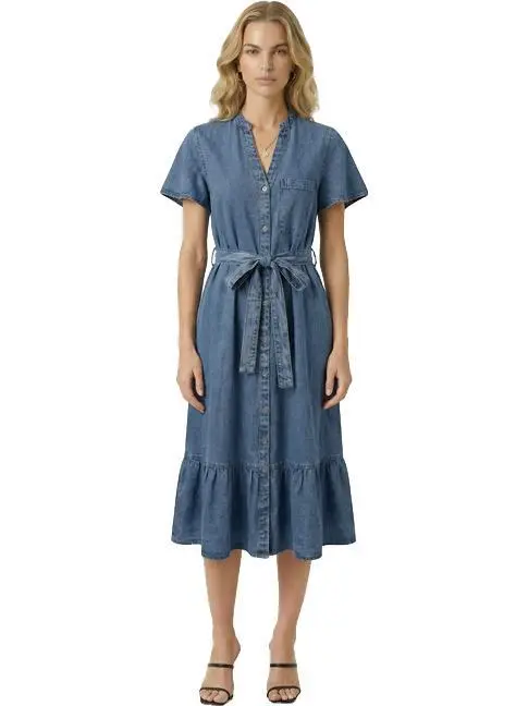 MODENAIRE Belted Denim Shirt Dress With Ruffle Hem - Medium Wash Blue