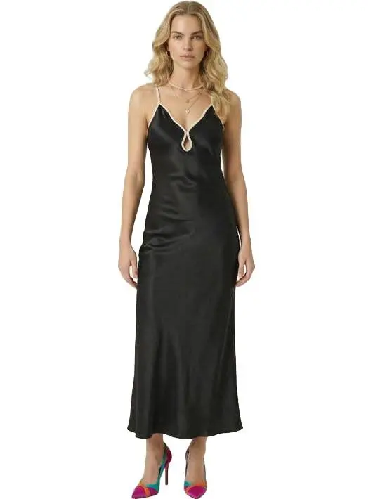 MODENAIRE Satin Plunging Cutout Maxi Dress - Black/cream