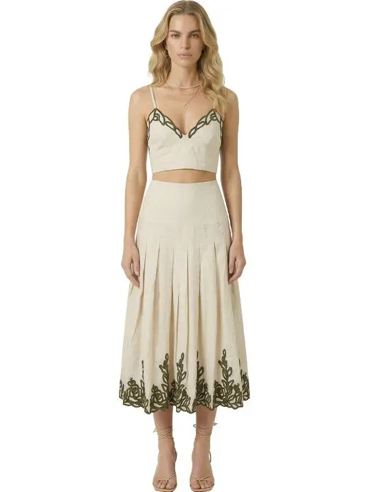 MODENAIRE Embroidered Crop Top And Pleated Midi Skirt Set - Ivory/olive Embroidery