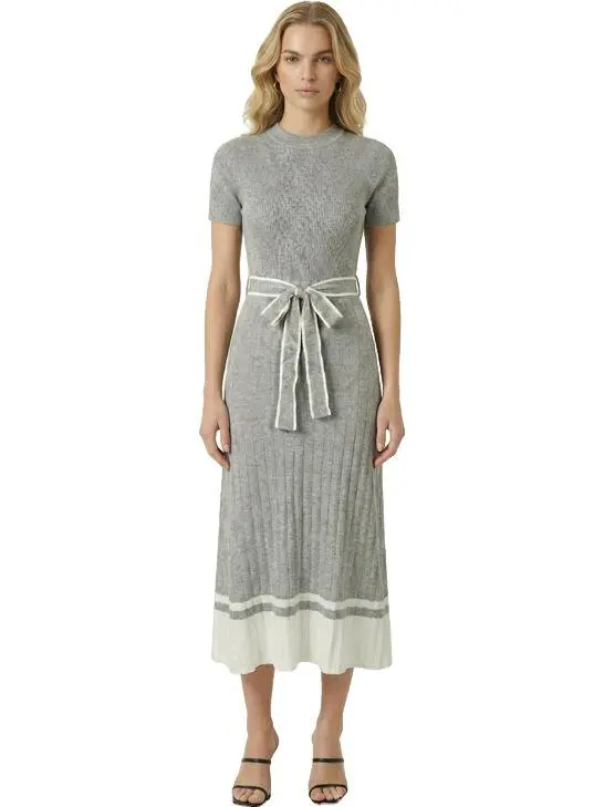 MODENAIRE Ribbed Knit Tie Waist Midi Dress - Heather Grey