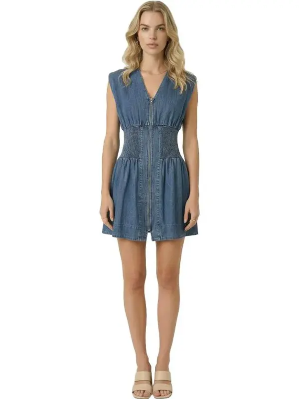 MODENAIRE Denim Cap Sleeve Mini Dress - Medium Wash Blue