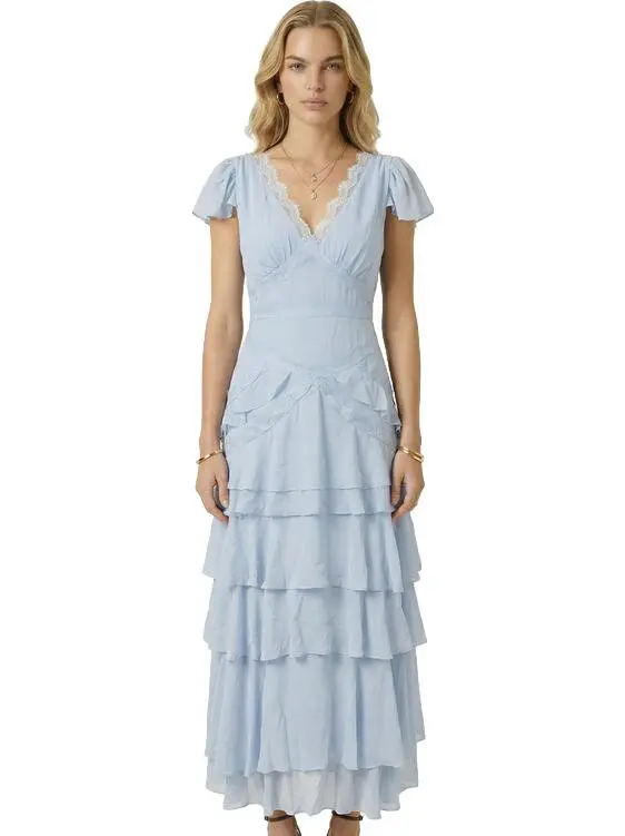 MODENAIRE Lace Trim Tiered Maxi Dress - Pastel Blue