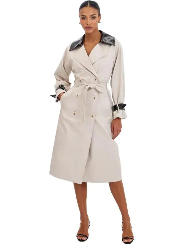 MISS CIRCLE Double-breasted Faux Leather Lapel Trench Coat - Beige