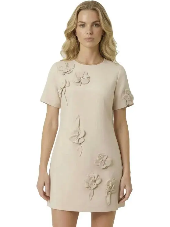 MODENAIRE Floral Appliqué Mini Shift Dress - Pale Beige