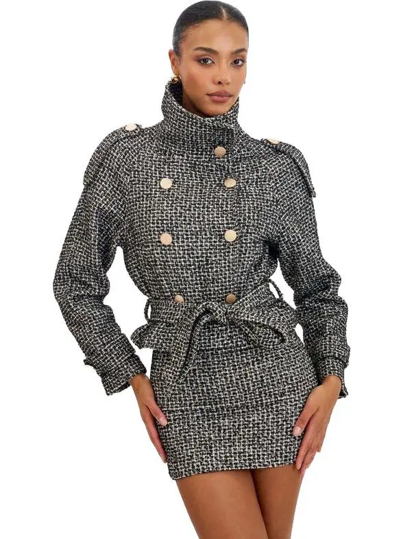 MISS CIRCLE Tweed Belted Mini Jacket - Black
