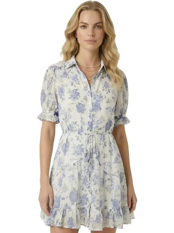 MODENAIRE Floral Tie Waist Shirt Dress - White/floral