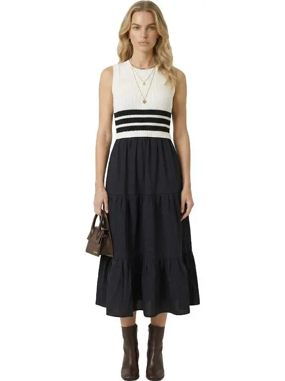 MODENAIRE Striped Knit Tiered Midi Dress - Off-white/black