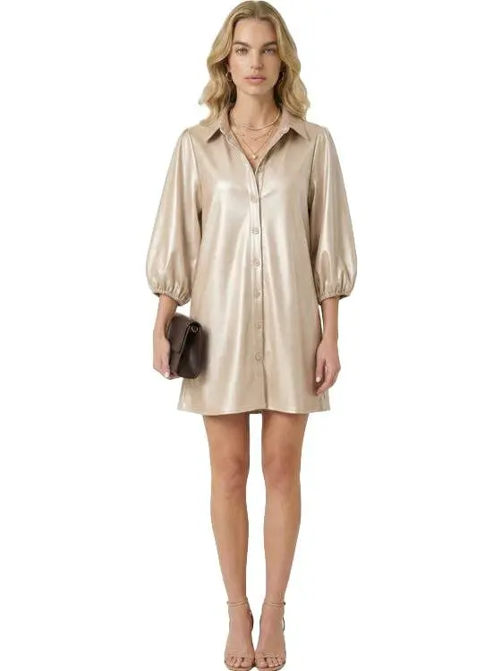 MODENAIRE Satin Button-up Shirt Dress With Puff Sleeves And Collar - Champagne