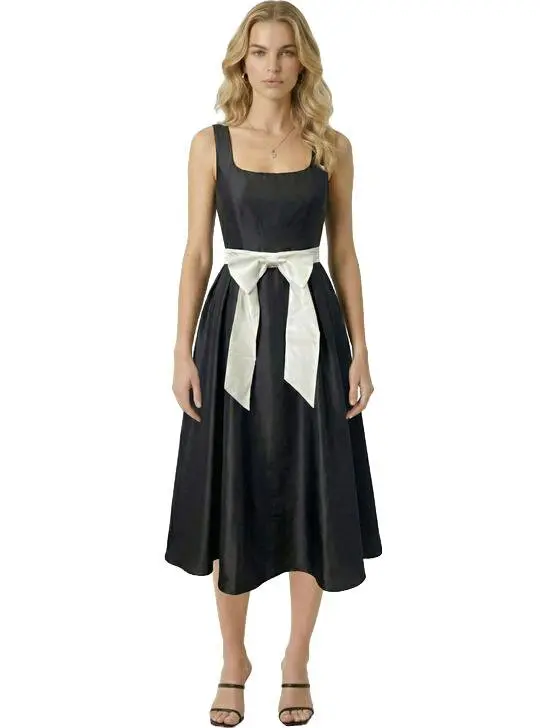 MODENAIRE Sleeveless Contrast Bow Midi Dress - Black/cream