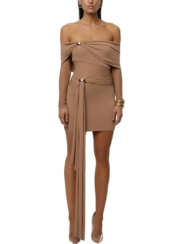 JLUXLABEL Draped Mini Dress With Gold-tone Embellishments - Beige