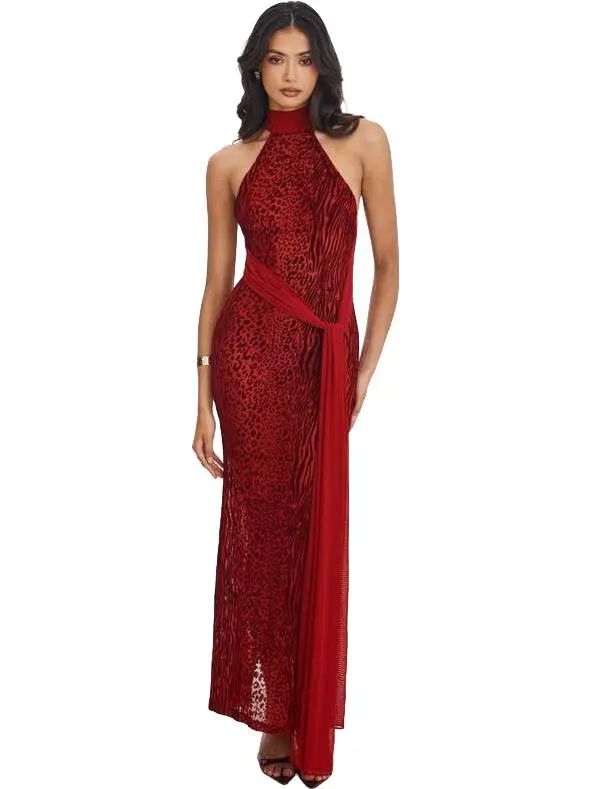 MISS CIRCLE Burnout Velvet Multiwear Mesh Ribbon Maxi Dress - Scarlet