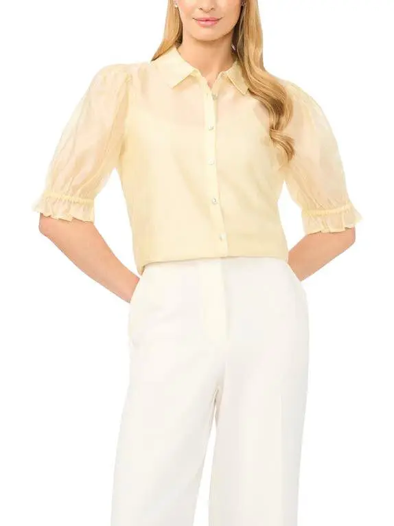 Halogen Puff Sleeve Semi Sheer Button-up Top - Pastel Yellow