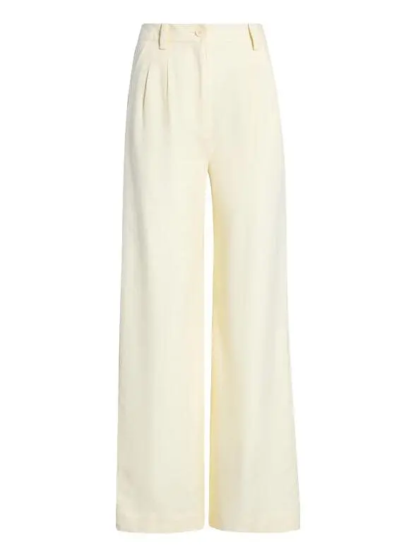Halogen Pleated High Waist Linen Blend Wide Leg Trousers - Pastel Yellow