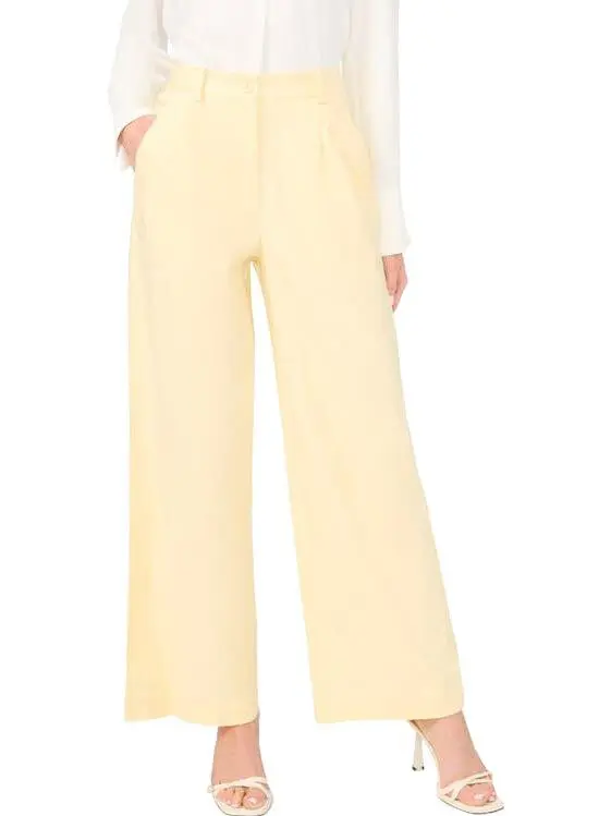 Halogen Pleated High Waist Linen Blend Wide Leg Trousers - Pastel Yellow