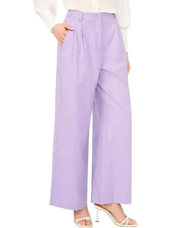 Halogen Pleated High Waist Linen Blend Wide Leg Trousers - Soft Lavender