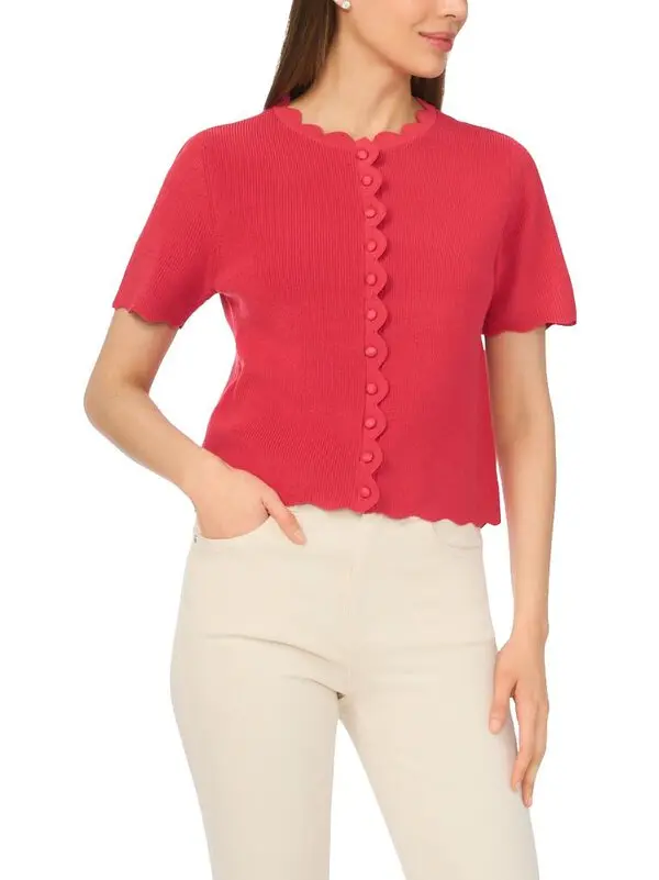 CECE DUPRAZ Scalloped Short Sleeve Cardigan - Claret