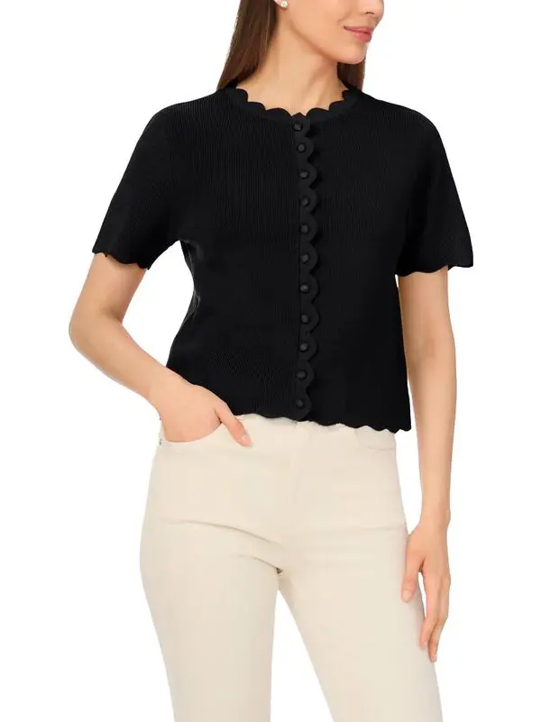 CECE DUPRAZ Scalloped Short Sleeve Cardigan - Rich Black