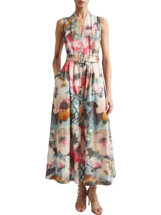 Lela Rose Floral Print Belted Cotton Dress - Mist Multi