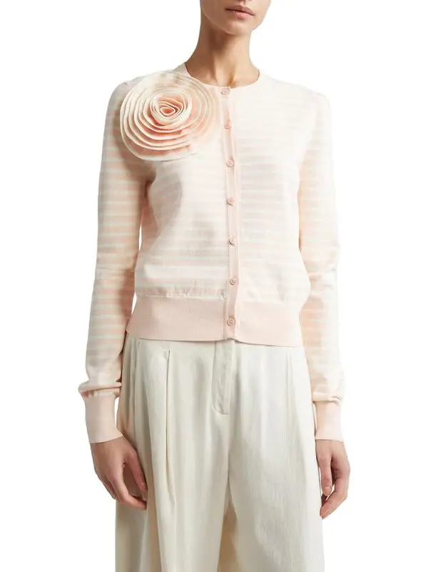 Lela Rose Rose Appliqué Stripe Cardigan - Blush Multi