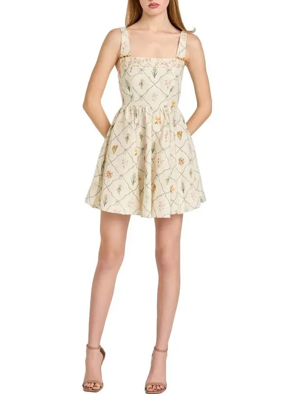 WAYF Amelia Floral Print Mini Dress - Ivory Botanical