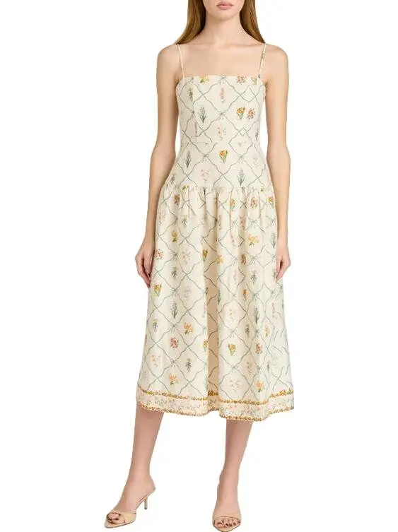 WAYF Juliet Print Linen Blend Midi Sundress - Ivory Botanical