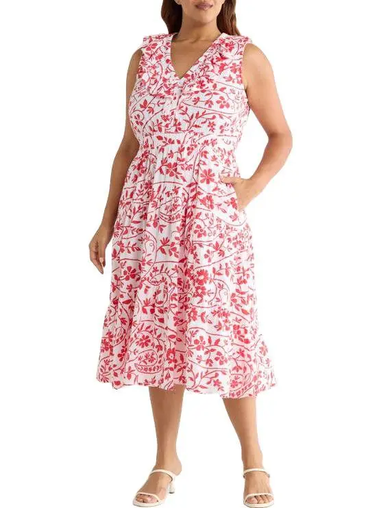 Caslon Ruffle Sleeveless Tiered Cotton Midi Dress - White- Red Flower Paisley