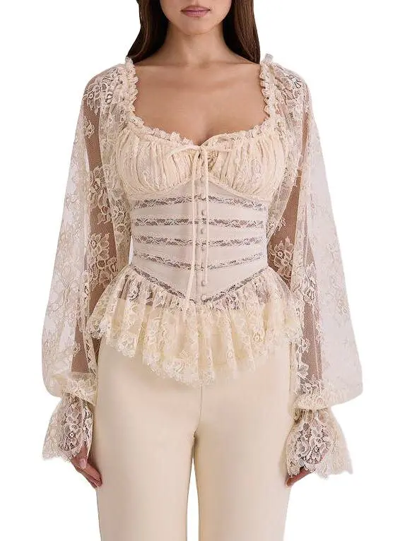 House Of Cb Balloon Sleeve Crop Lace Top - Vintage Ivory